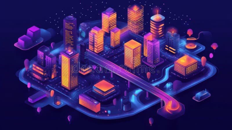 Isometric Cityscape at Night with Vibrant Neon Lights Stock ...
