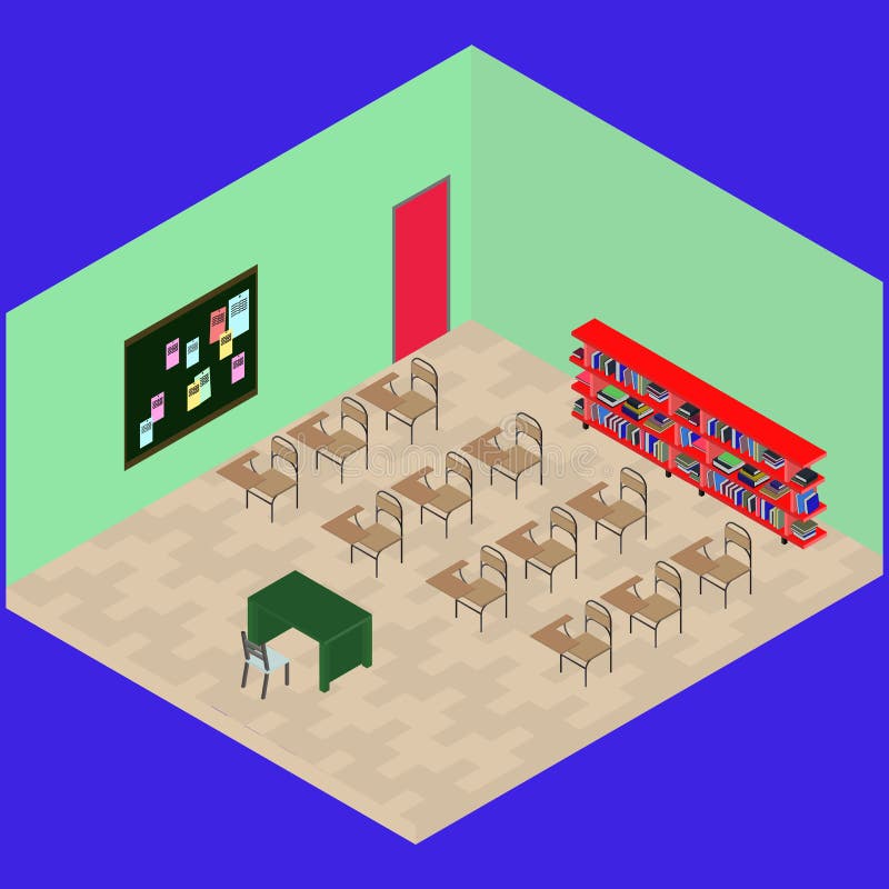 Isometric Classroom with Object: Desk, Book Shelfs, Table, Chair, Note ...