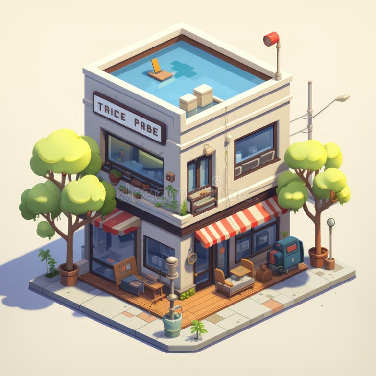 Isometric, Clean Pixel Art Image of the Exterior of a Cute Design ...
