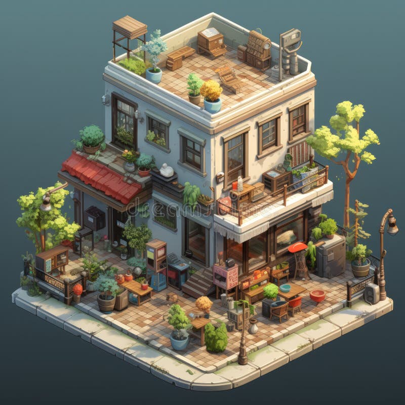 Isometric, Clean Pixel Art Image of the Exterior of a Cute Design ...