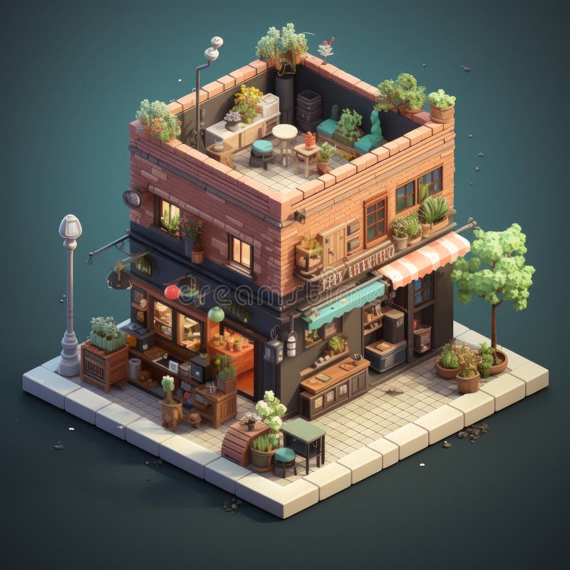 Isometric, Clean Pixel Art Image of the Exterior of a Cute Design ...