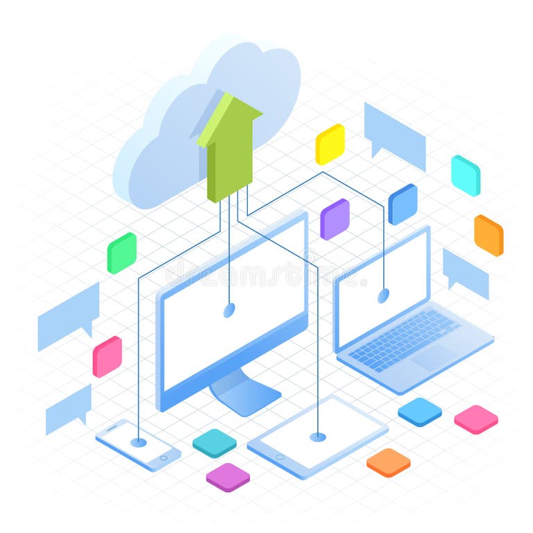 Isometric Cloud Computing Concept in Outline Isolated on White. Cloud ...