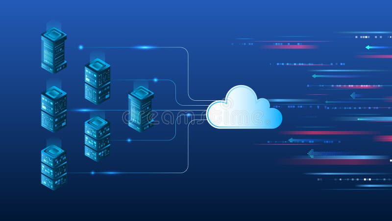 Isometric Cloud Computing Concept with Server Data Centers Connected To a Cloud. Digital Data ...