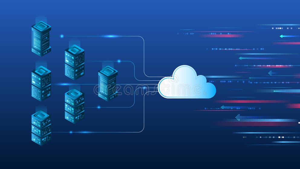 Isometric Cloud Computing Concept with Server Data Centers Connected To a Cloud. Digital Data ...