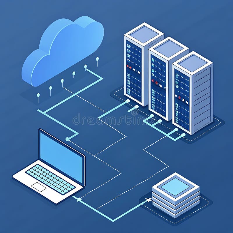Isometric Cloud Computing Network Illustration: Blue & White Design Showcasing Data Flow between ...