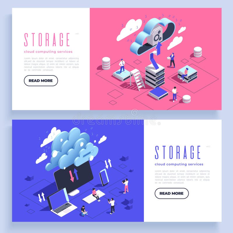 Isometric Cloud Computing Services Banner Template Set Stock ...