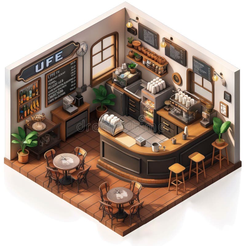 Isometric Coffee Shop Interior Design Stock Illustration - Illustration ...