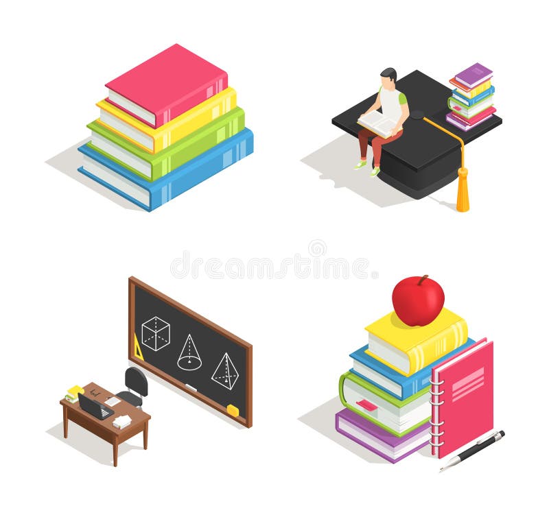 Isometric College Education Icon, Stack of Books and Study Stock Vector ...