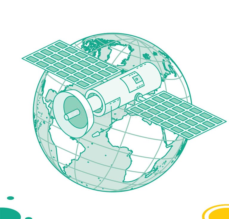 Isometric Communication Satellite with Antenna Flies in Orbit Around ...