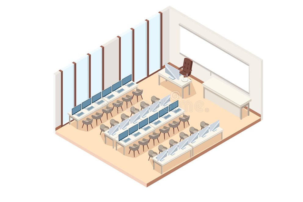 Isometric Computer Classroom with Rows of Desks. Educational it Lab ...