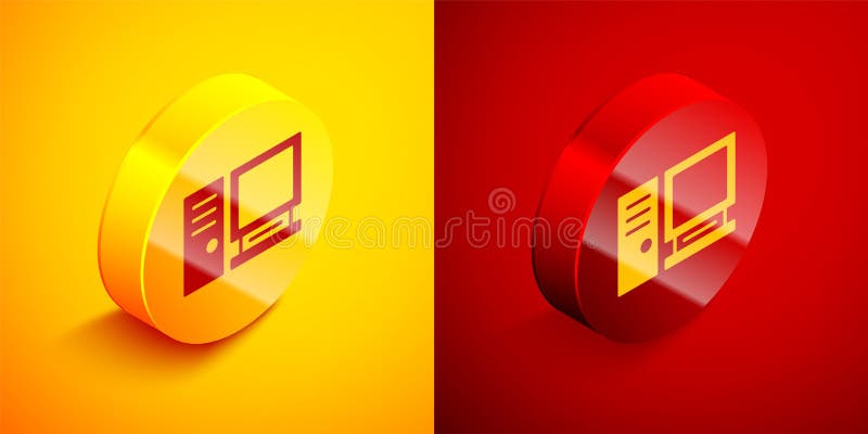 Isometric Computer Monitor Icon Isolated on Orange and Red Background ...