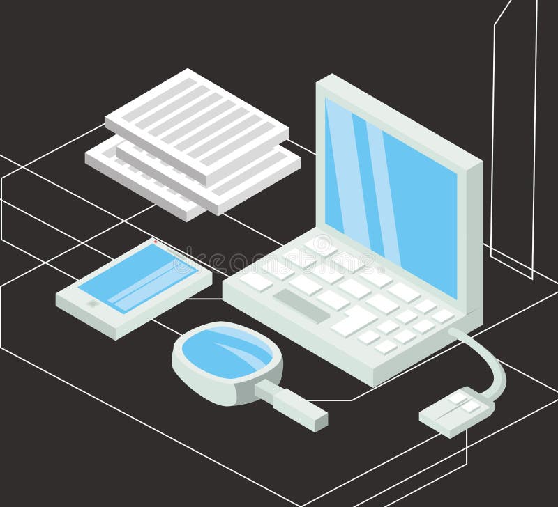 Isometric Computer with Smartphone and Business Documents Stock Vector ...
