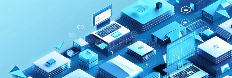 Isometric Computers, Laptops, and Other Technology Equipment on a Blue ...