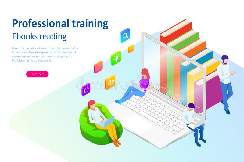 Isometric Concept for Digital Reading, E-classroom Textbook, Modern ...