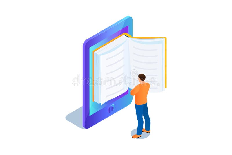 Isometric Concept of E-book, Paper Book in Device. Stock Vector ...