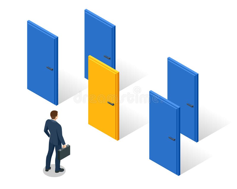 Isometric Concept of Man is Standing in Front of Three Doors and Having ...