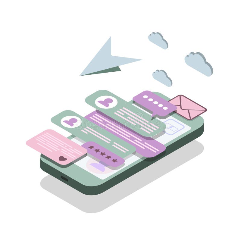 Isometric Concept with Mobile Phone and Chat. Chatting Sending and ...