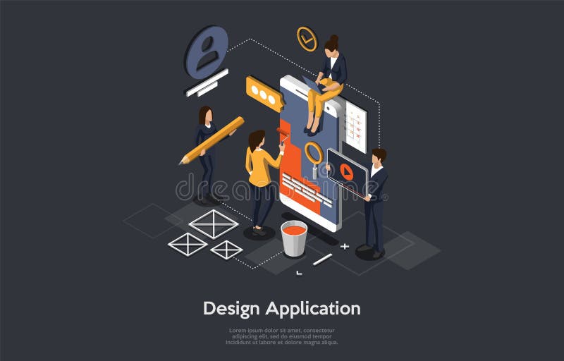 Isometric Concept of Research and Develop of Mobile Application. People ...