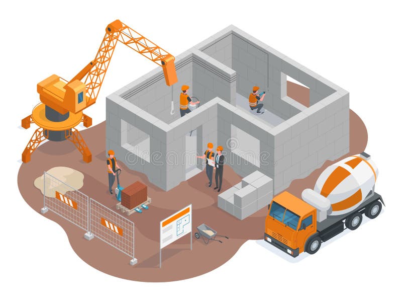 Isometric Construction, Building Yard Ground, Workers and Cranes Trucks ...