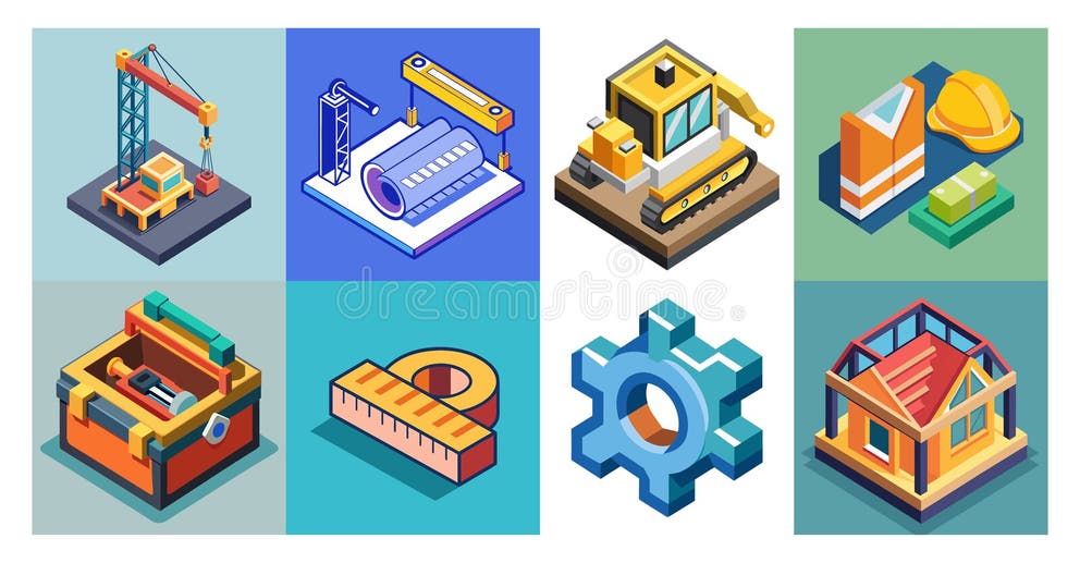 Isometric Construction and Engineering Icon Set (8 Icons) Stock Vector - Illustration of ...