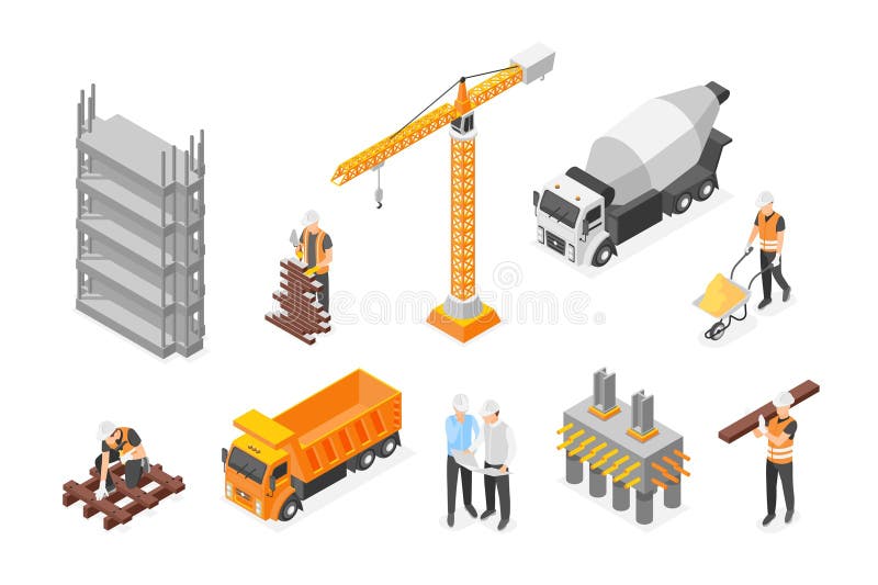 Isometric Construction Process. Building Constructions, Builders with ...