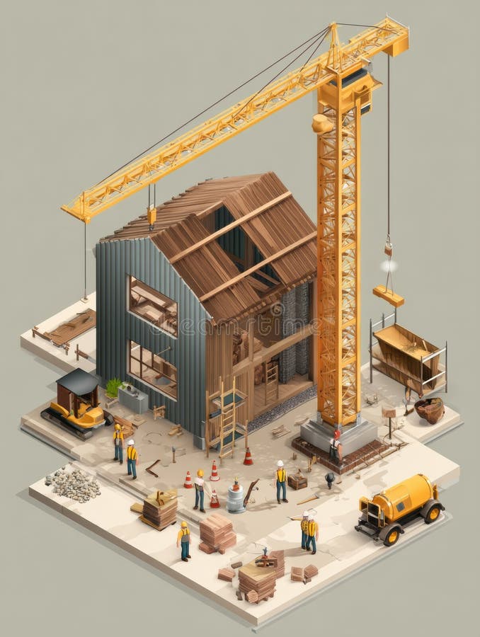 Isometric Construction Site Showing Workers and Machinery in Active ...