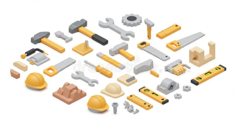 Isometric Construction Tools Set with Hammer, Saw, Screwdriver and ...
