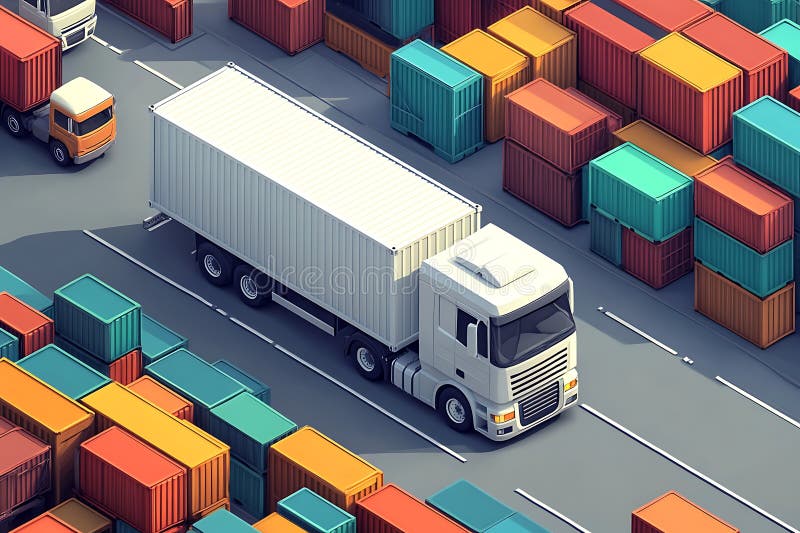 Isometric Container Truck with Cargo in a Yard Full of Colorful ...