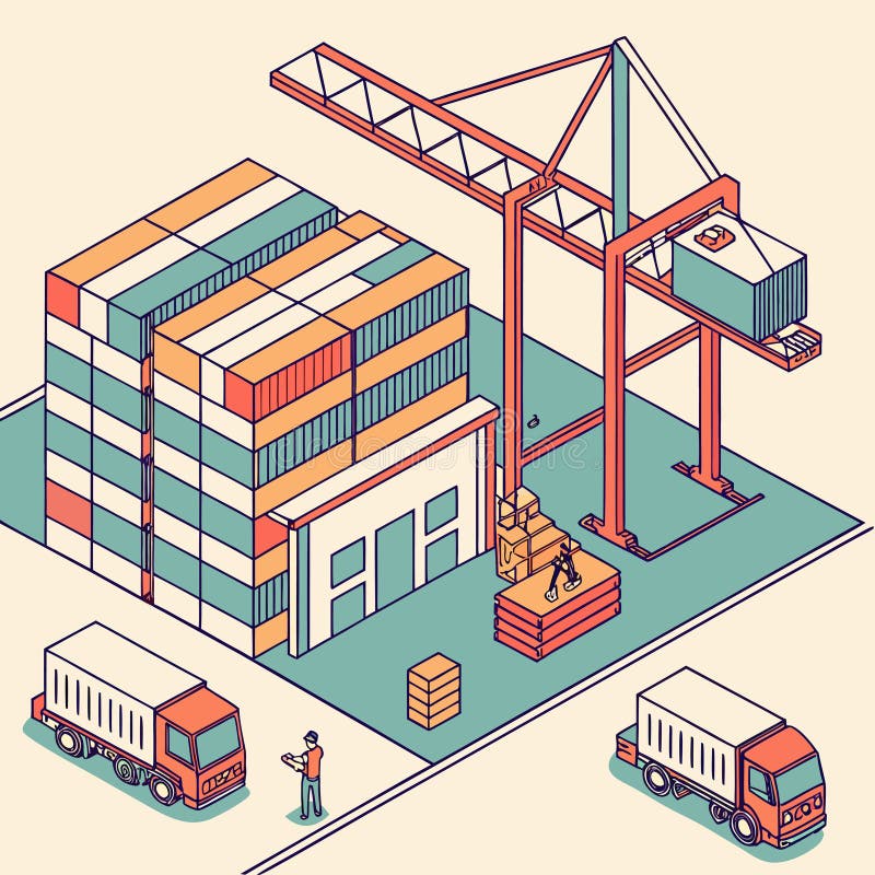 Isometric Container Yard and Cargo Handling Illustration Stock Vector ...