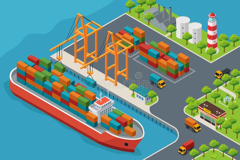 Isometric Containers Cargo Ship at the Harbor Vector Illustration Stock ...
