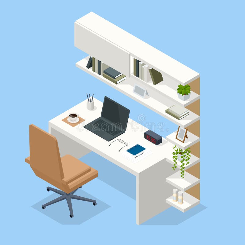 Isometric Contemporary Workspace. Interior Modern Living Room Workspace ...