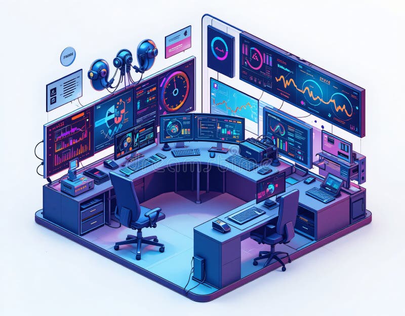 Isometric Control Room with Screens and Futuristic Design Stock ...