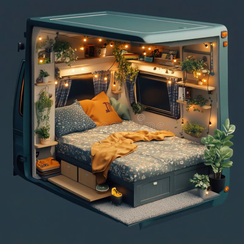 Isometric Cozy Camper Van Interior Setup, with Compact Bed, Lights, and ...