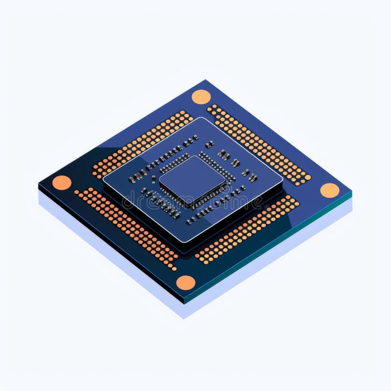 Isometric Digital Processor in Dark Blue and Bronze with Realistic ...
