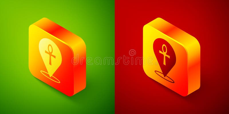 Isometric Cross Ankh Icon Isolated On Green And Red Background