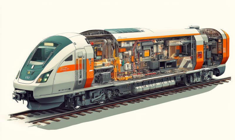 Isometric Cross-section of an Electric Train Showing the Engine Room ...