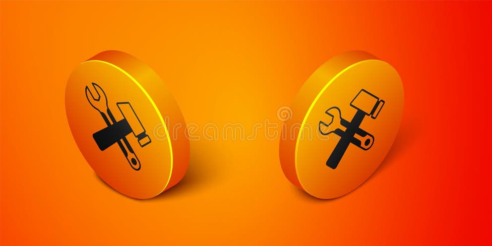 Isometric Crossed Hammer and Wrench Spanner Icon Isolated on Orange ...