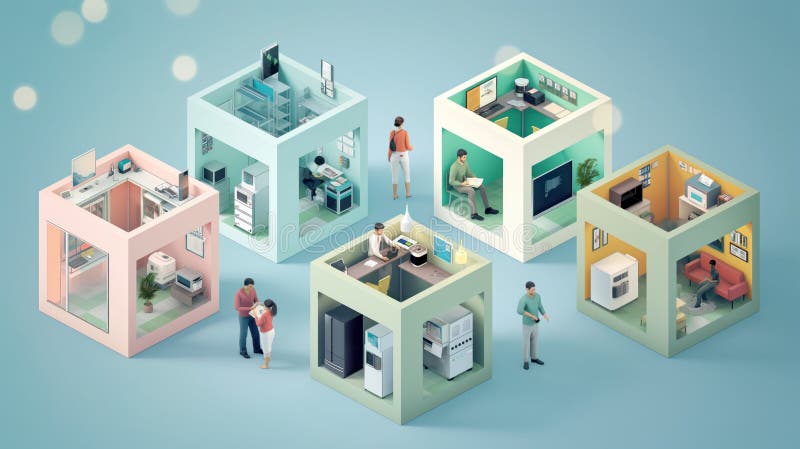 Isometric Cube Office with Peoples Inside Doing Their Works Stock ...