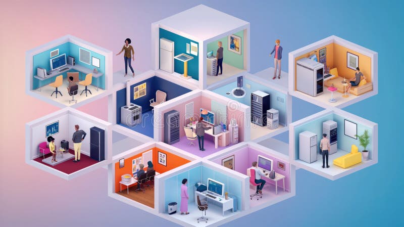 Isometric Cube Office with Peoples Inside Doing Their Works Stock ...