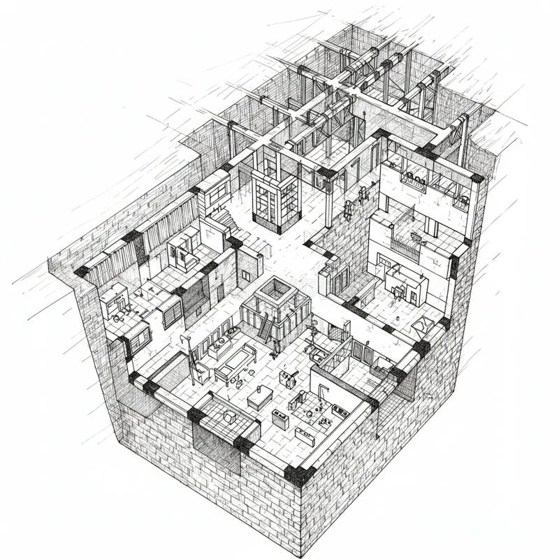Isometric Cutaway of a Multi-level Building Showcases Detailed ...