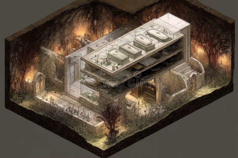 Isometric Cutaway of an Underground Crypt, Revealing Hidden Coffins and ...