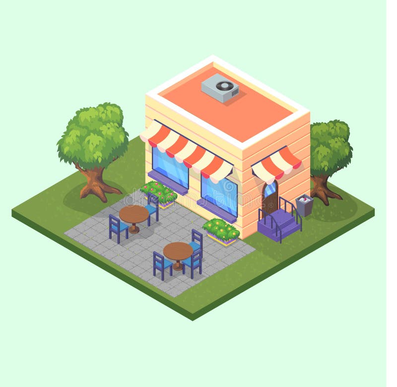 Isometric Cute Restaurant Cafe Building with Tables, Chairs and Trees ...