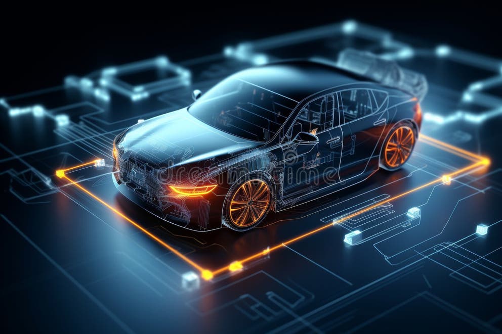 Isometric 3d Car Rendering on Circuit Board with Glowing Lines and ...