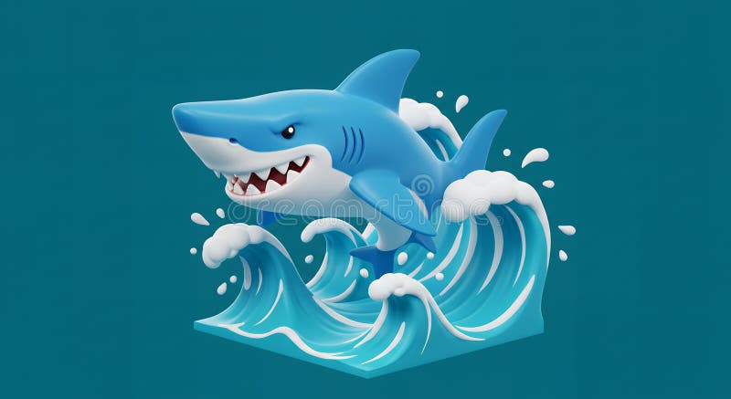 Isometric 3D Cartoon Shark Leaping from Stylized Ocean Waves Stock ...