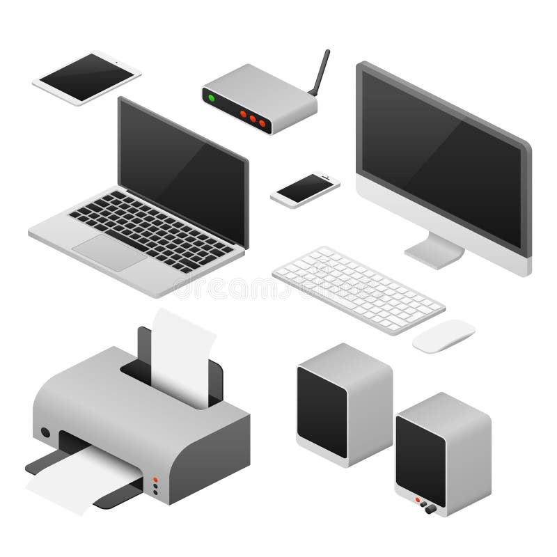 Isometric 3D Digital Vector Computers and Supplies of Office Workspace ...