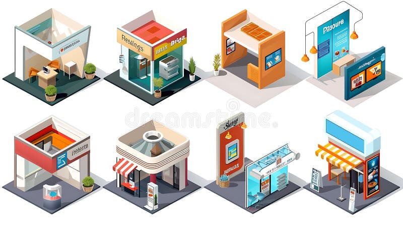 Isometric 3D Exhibition Booth and Promotional Stands Set in Art Stock ...