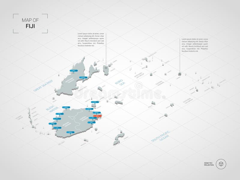 Isometric Fiji Map with City Names and Administrative Divisions. Stock ...