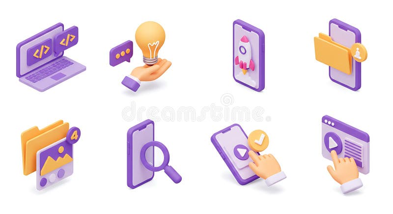 Isometric 3D Icons: Mobile App Development, Programming, Idea Stock Illustration - Illustration ...