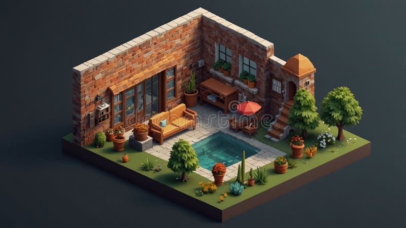 Isometric 3D Illustration of a Cozy Backyard with a Small Pool and ...