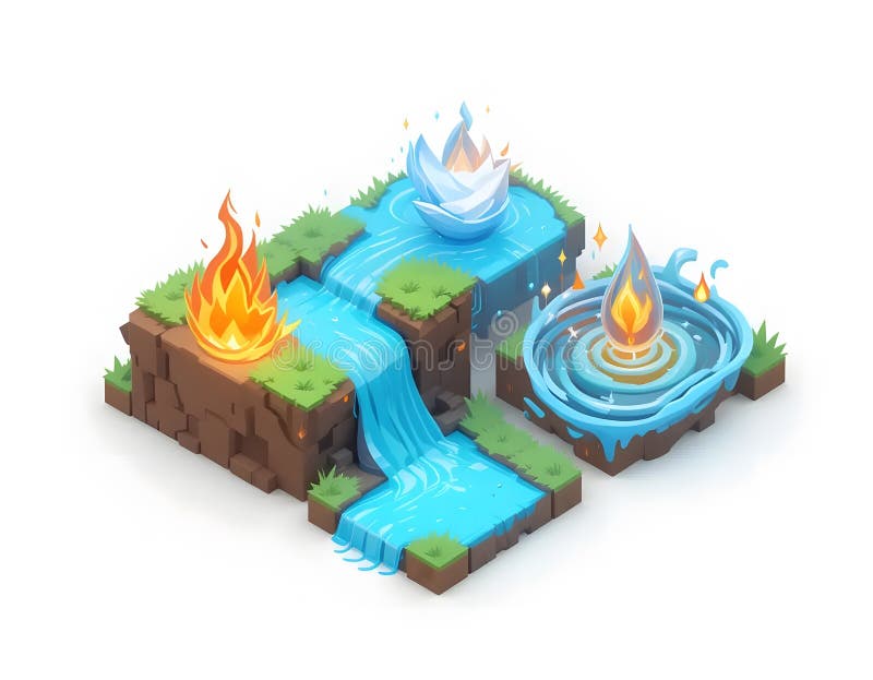 Isometric 3D Illustration of the Four Elements: Fire, Water, Air, and ...